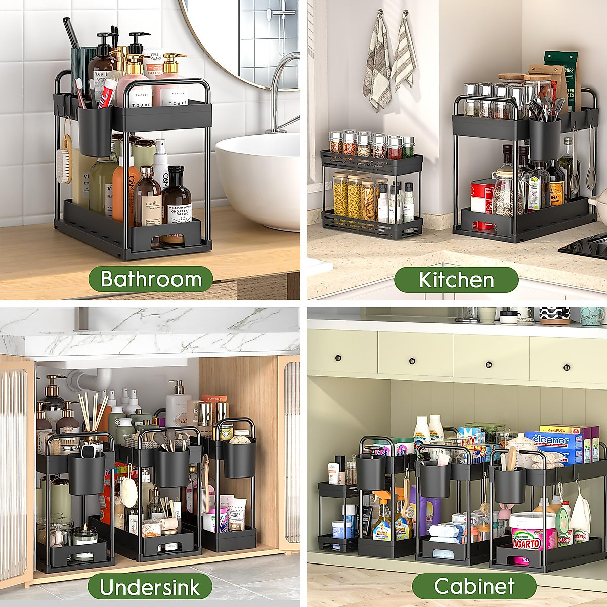 2 Pack Under Sink Organizer- 2 Stackable Rack Organizer Tier Bathroom Under the Sink Organizers Multi-Usage Kitchen Cabinet Organizers and Storage Bath Shelf Baskets w 4 Hanging Cup and 5 Hooks, Black