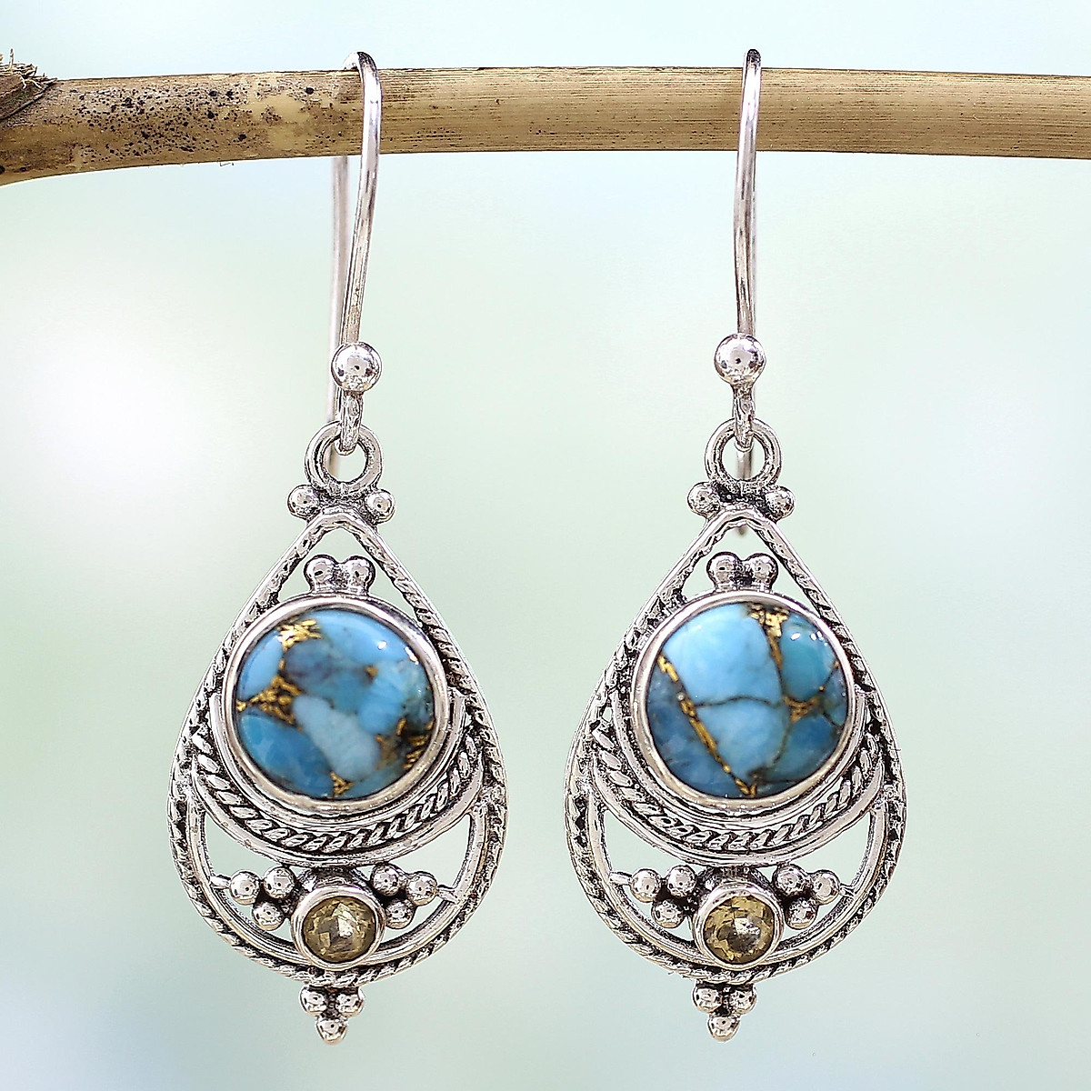 NOVICA Artisan Handmade Citrine Dangle Earrings Composite Turquoise from India [6.75 in min L x 8 in max L 1 mm W Pendant(s) 0.4 in L x 0.8 in W x 0 in D] ' Azure Heaven'