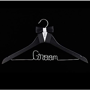Ella Celebration Groom Hanger for Tuxedo or Suit, Hangers for Bridal Party, Wooden and Wire, Black Wood (Groom)