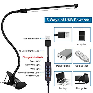 Qooltek Flexible Clip Desk Lamp Reading Light with 3 Color & 10 Brightness, Auto-Off & Memory Function, Clip on Light for Piano, Reading, Working, Relaxing Black