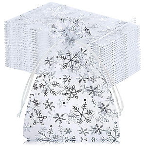 100Pcs Christmas Organza Bags, 4x6 Organza Gift Bags Snowflake Mesh Drawstring Gift Bags for Xmas Wedding Party Favor, Jewelry Candy Goodie Bags