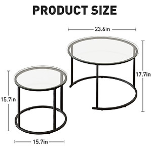 Azheruol Nesting Coffee Table Set of 2,Modern Black Tempered Glass Side Table, Metal Frame Round End Table.Small Glass Tea Table for Living Room,Bedroom Studio Apartment Essentials，17.7IN