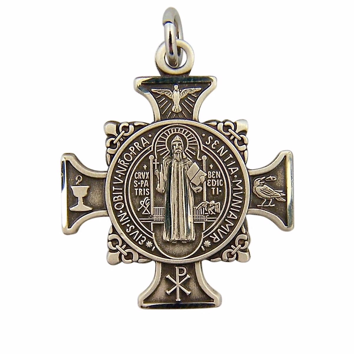 HMHReligiousMfg Sterling Silver Saint Benedict of Nursia Maltese Cross Pendant, 1 Inch