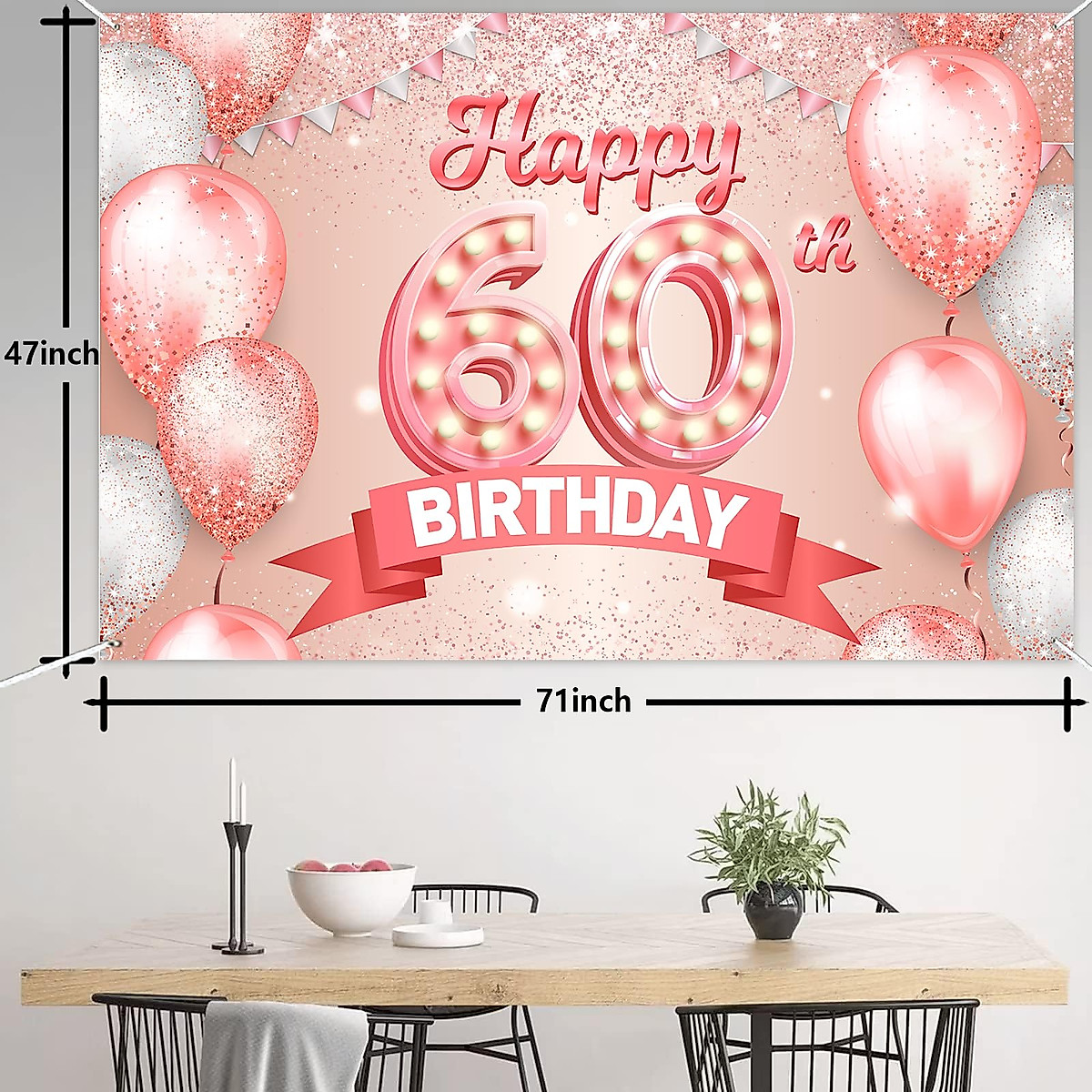Happy 60th Birthday Rose Gold Banner Cheers to 60 Years Old Backdrop Confetti Balloons Theme Decor Decorations for Women 60 Years Old Pink Birthday Party Supplies Bday Background Favors Gift Glitter