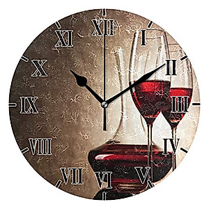 AUUXVA Wall Clock Romantic Retro Red Wine, Quiet Silent Non Ticking Round Clock for Kitchen Bedroom Living Room Office Classroom Home Decor