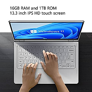 Acogedor 13.33inch Laptop, 2 in 1 Touch Screen Laptop Tablet PC for Windows11, 360 Degree Rotation 1920x1080 IPS HD Touch Screen LPDDR4 16GB RAM 256GB SSD Quad Core CPU, Fingerprint Unlock