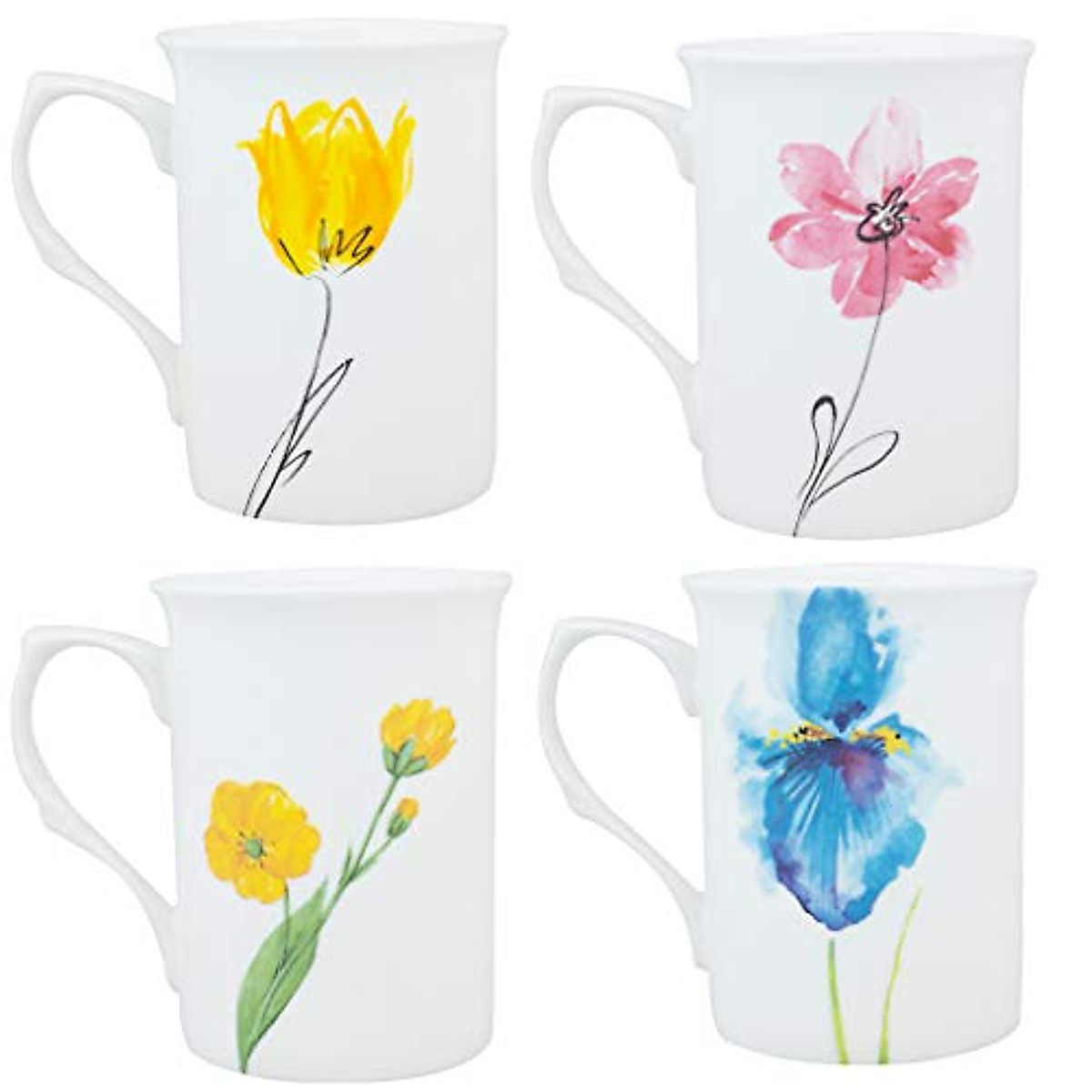 Gracie Bone China Watercolors 9-Ounce Mug, Set of 4