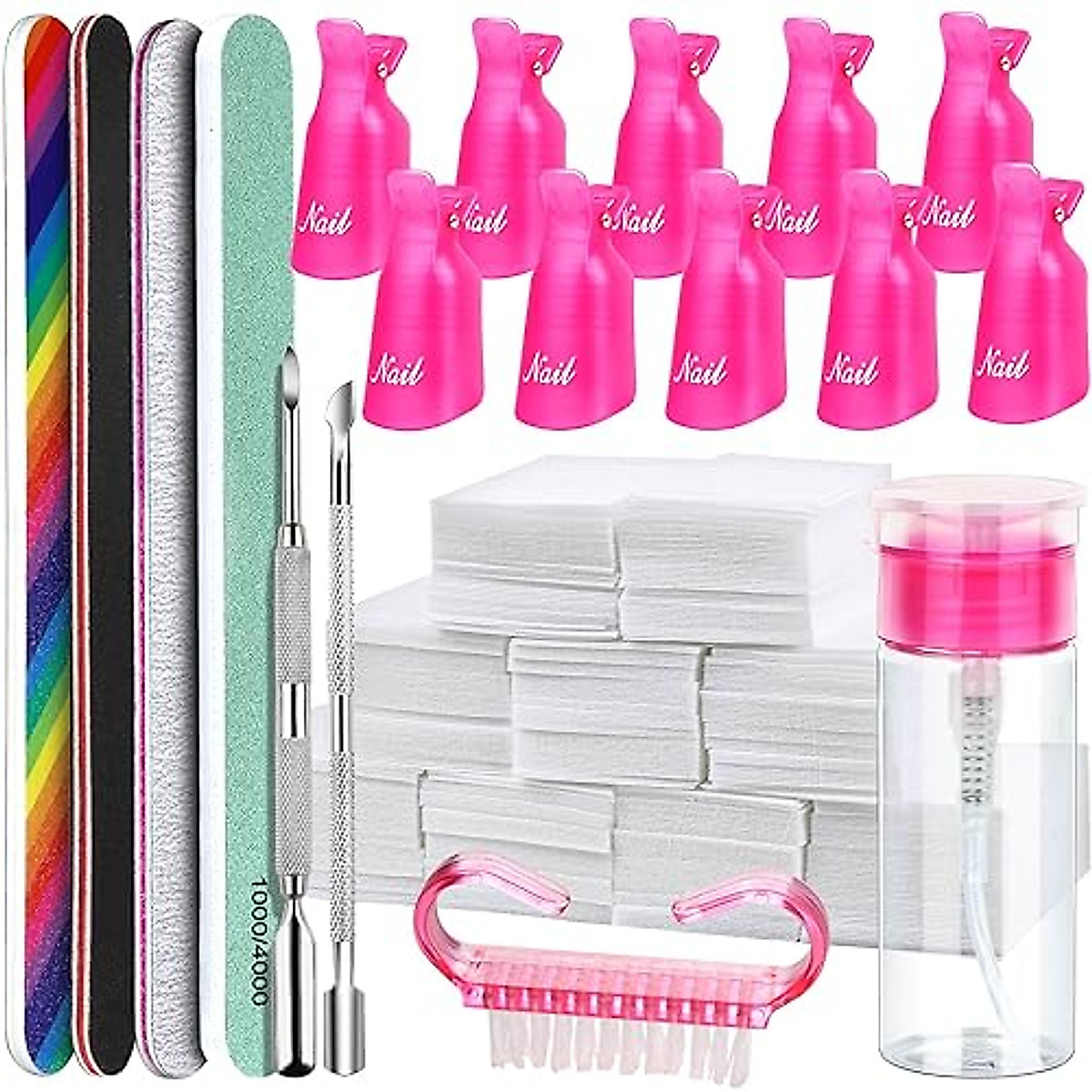 HNYYZL Gel Nail Polish Remover Tools Kit with 10 Plastic Nail Clip, 550 Lint Free Nail Wipes Cotton Pads, 100ml Nail Polish Remove Bottle, Nail File Grit 100/180, 1 Nail Brush, and 2 Cuticle Pusher