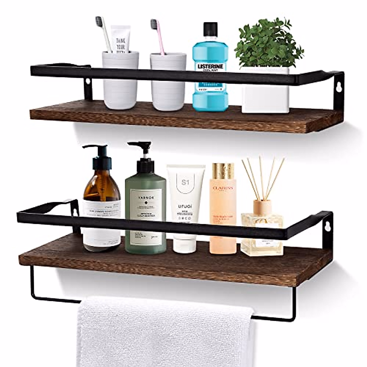 AGM Floating Shelves, Bathroom Floating Shelf Set of 2, Carbonized Black Wall Storage Shelf with Towel Bar, Wall Mounted Shelves for Plants, Book, Bathroom, Bedroom, Kitchen, Living Room Decoration