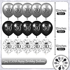 30th Birthday Balloons Decorations 15pcs Black Silver Happy 30th Birthday Party Latex Confetti Balloons for Men Women 30th Anniversary Happy Birthday Party Decor Supplies 12 inches