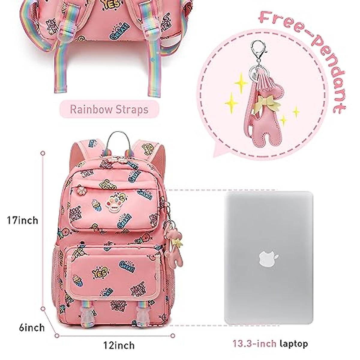 Maod Backpacks for Girls Backpack for School Suitable Ages 6-8 Kids - Pass CPSC Certified - Gift Cute Pendant (Pink)