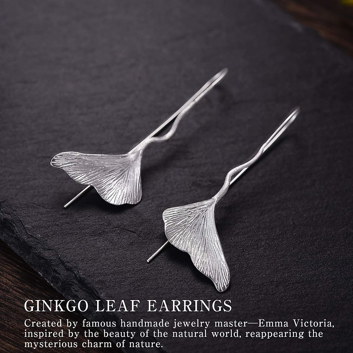 Lotus Fun S925 Sterling Silver Drop Earrings Vintage Ginkgo Leaf Dangle Earrings Handmade Unique Jewelry for Women (Silver)