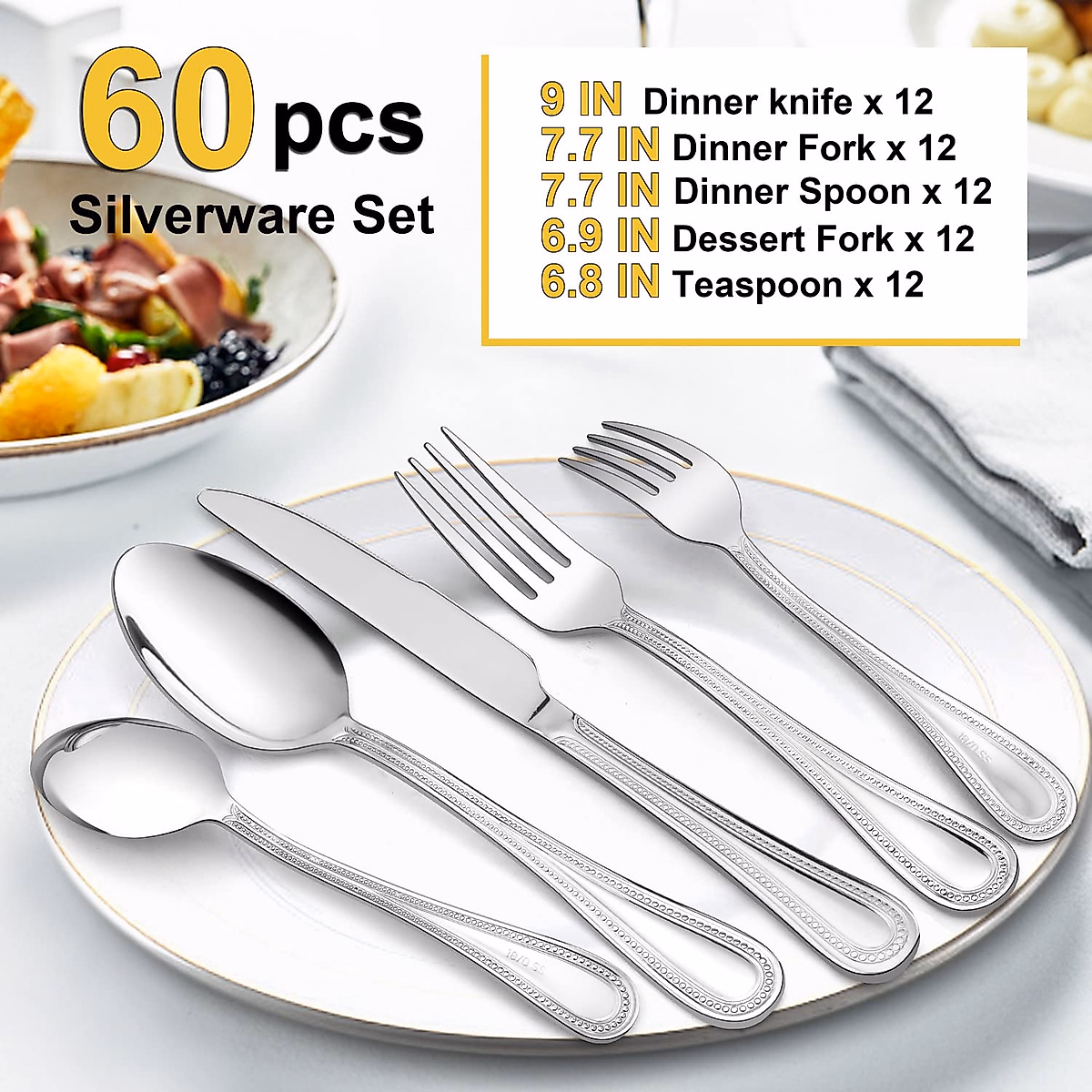 E-far 60-Piece Silverware Set for 12, Stainless Steel Flatware Cutlery Set with Pearled Edge, Include Forks Spoons and Knives, Modern Tableware Eating Utensils for Kitchen Restaurant, Dishwasher Safe