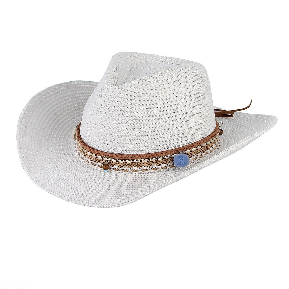 GEMVIE Cowboy Cowgirl Floppy Sun Hat Fedora Straw Wide Brim Bucket Beach Cap White 58cm