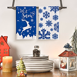 Artoid Mode Elk Snow Merry Christmas Kitchen Towels and Dish Towels Blue, 18 x 26 Inch Winter Xmas Holiday Ultra Absorbent Drying Cloth Tea Towels for Cooking Baking Set of 4