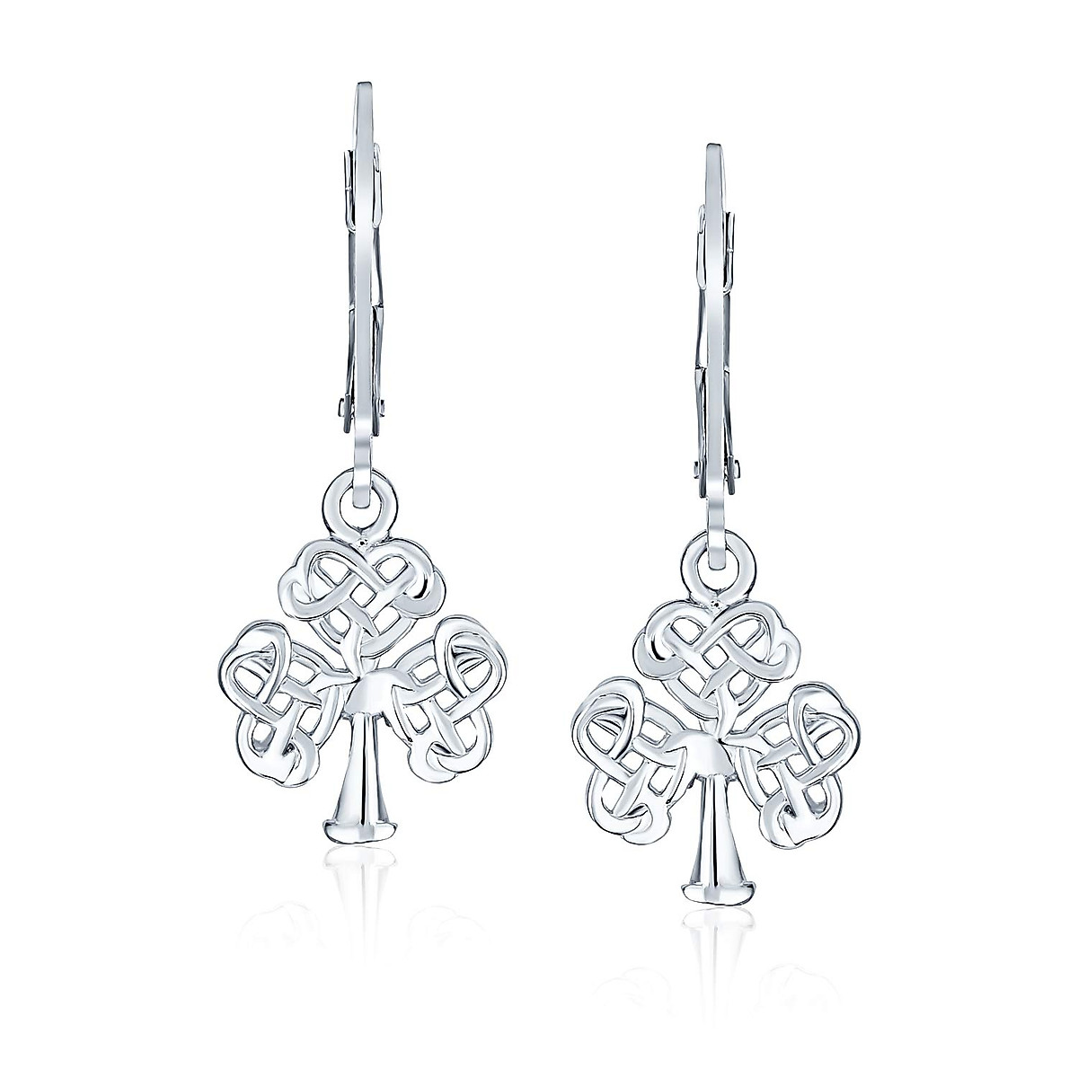 Delicate Petite Irish Triquetra Open Heart Shape Celtic Knot Good Luck Shamrock Clover Dangle Earrings Lever back .925 Sterling Silver