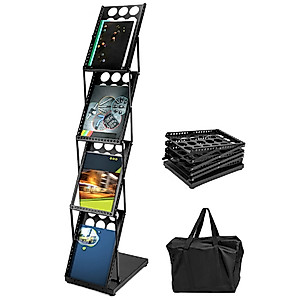 QWORK Magazine Brochure Display Rack Stand, 4 Pocket Foldable Literature Catalog Rack Book Holder Tradeshow Display Stand, for Office Store and Exhibition Trade Show (Black)