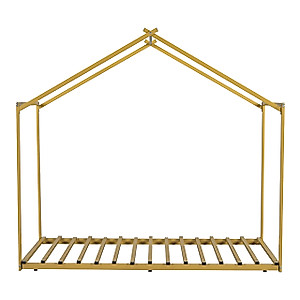 Merax Metal Twin Size House Platform Bed with Trundle, Floor Bed Frame with Roof & Slat, Twin to King Design Playhouse Beds for Kids, Gold