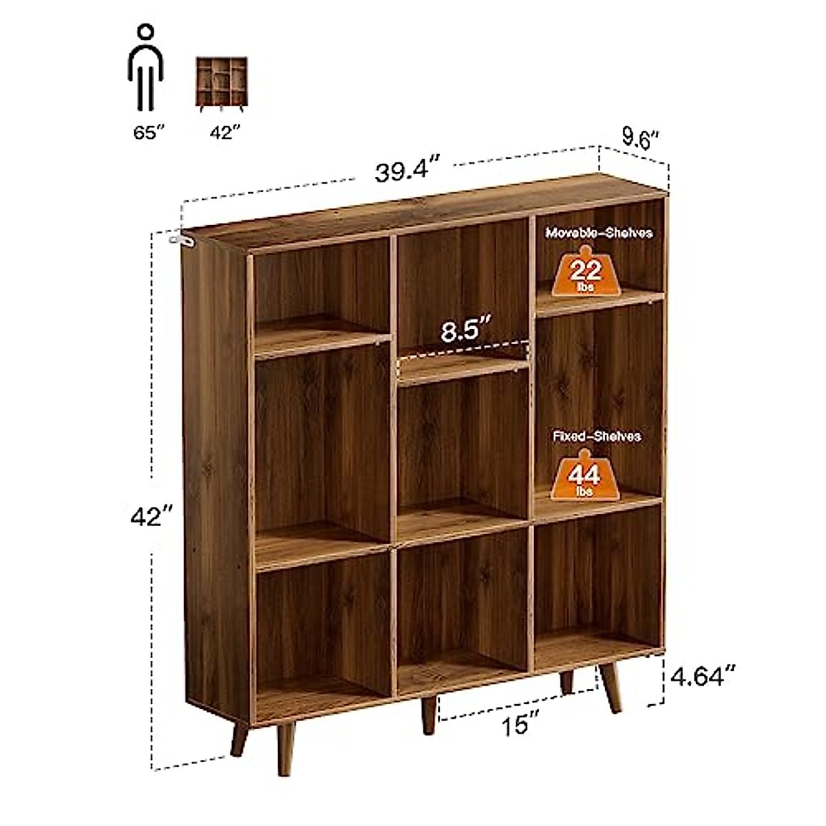 Pipishell 9-Cube Bookshelf, Bookcase with 3 Height-Adjustable Shelves and Solid Legs, Cube Storage Shelf, Modern Freestanding Open Bookshelf for Living Room, Bedroom, Walnut, PIBS04WN