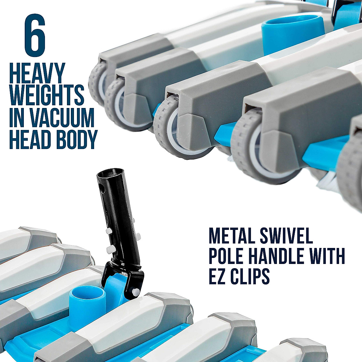 U.S. Pool Supply 19" Heavy Duty Weighted Flexible Concrete Swimming Pool Vacuum Head with Side Brushes and Metal EZ Clip Handle - Professional Commercial Grade - Faster Cleaning, Easier Debris Removal