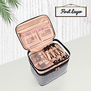 OCHEAL Large Makeup Bag, Double Layer Makeup Bag, Vertical Storage Cosmetic Case for Women/Girls with Multiple Compartments-Black and White Stripes