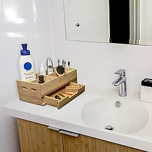 Prosumer's Choice Bamboo Bathroom Organizer, Makeup Vanity Countertop Organizer, Cosmetic Display Case with Toothbrush Holder and Storage Tray with Large Drawer