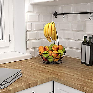 CuttleLab Fruit Basket with Banana Hanger (Black, 1-Tier), Fruit Bowl with Banana Holder, Fruit Bowl for Kitchen Counter used as Bread Basket, Vegetable Basket, Fruit Stand,Egg Holder with Banana Tree