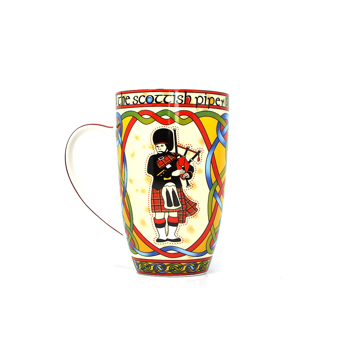 Scotland Piper Mug Cup with Scottish Red Celtic Knots Design and Highland Bagpipes by Royal Tara