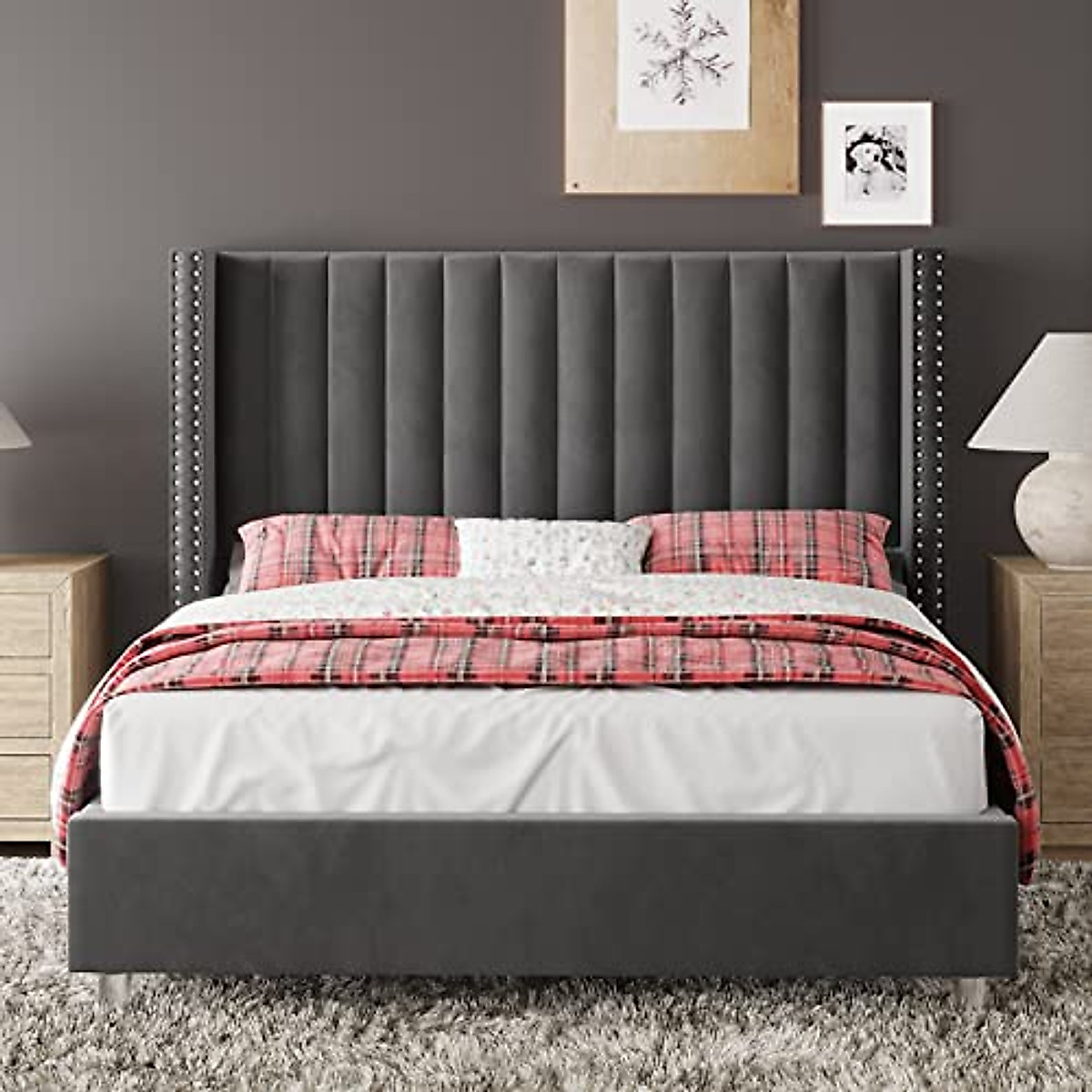 Jocisland Bed Frame Queen Size Upholstered Bed Wingback Headborad Velvet Channel Tufted/No Box Spring Needed/Dark Grey