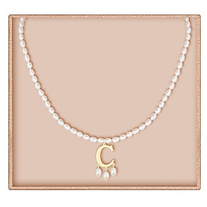 JSJOY Pearl Initial Necklaces for Women Mom Gifts from Daughters Gold Initial Necklace Freshwater Pearl Choker Necklace Letter C Necklace Mom Birthday Gifts High School Graduation Gifts