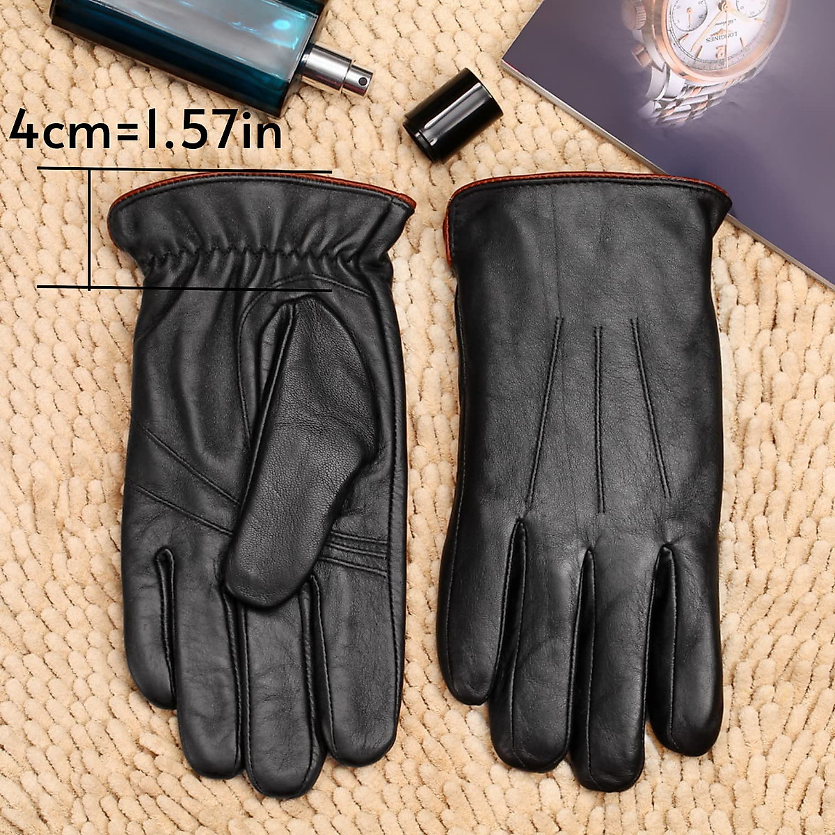 MaxW Autumn Winter Mens Leather Gloves Black Touchscreen Sheepskin Gloves Soft Warm Driving Cycling Mitten Faux Rabbit Fur Lining L