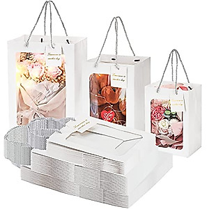 ZENFUN 24 Pack White Gift Bags with Clear Window and Handles, Transparent Bouquet Gift Bags Tote Paper Bags for Gift Packing, Shopping, 9.8'' L x 5.9'' W x 13.8'' H/ 7.9'' L x 6.3'' W x 11.8'' H/ 7'' L x 5.1'' W x 9.8'' H