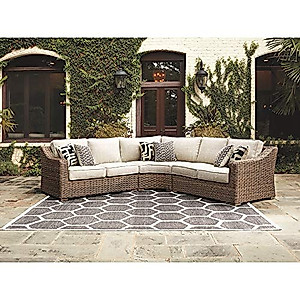 Signature Design by Ashley Beachcroft Outdoor Left & Right Arm Facing Wicker Patio Loveseats, Brown & Beige & Beachcroft Wicker Arm Chair with Cushion, 2 Count, Brown