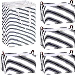 Hinwo 4-Pack 70L Extra Large Canvas Fabric Storage Bins with 77L Laundry Hamper, Navy Stripe