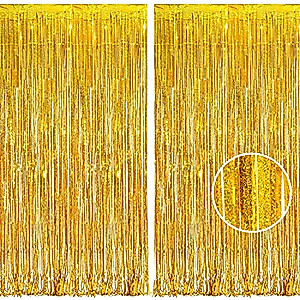 BRAVESHINE Gold Glitter Tinsel Foil Fringe Curtains - 2Pcs 3.2x8.2ft Holiday Photo Backdrop for Birthday Graduation Wedding Bridal Bachelorette Baby Shower Tropical Hawaiian Luau Party Decorations