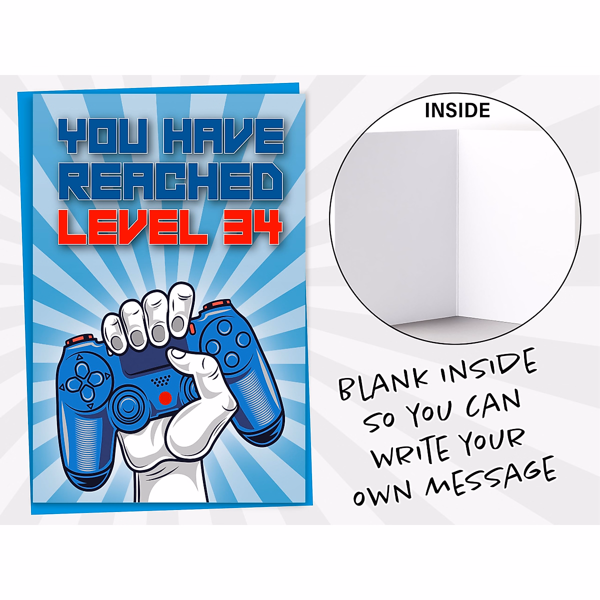 34th Birthday Card, You Have Reached Level 34, Greeting Card for Thirty-Four Year Old Gamer Birthday Gift for Adult Son or Daughter, For Him Her Grandson Granddaughter, Blue