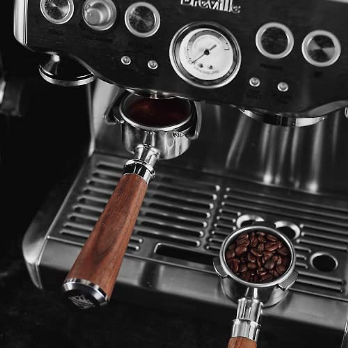 CrossCreek 54mm Espresso Bottomless Portafilter with 3 Ear | Fits 54mm Breville/Sage Barista Espresso Machine | Stainless Steel Basket and Walnut Handle | Espresso Accessories