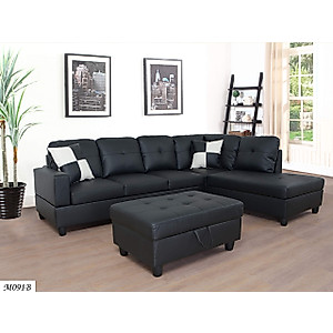 OPTOUGH Black Faux Leather Sectional Sofa, L Shaped Couch with Right Chaise Storage Ottoman & 2 Pillows for Living Room Furniture Sets