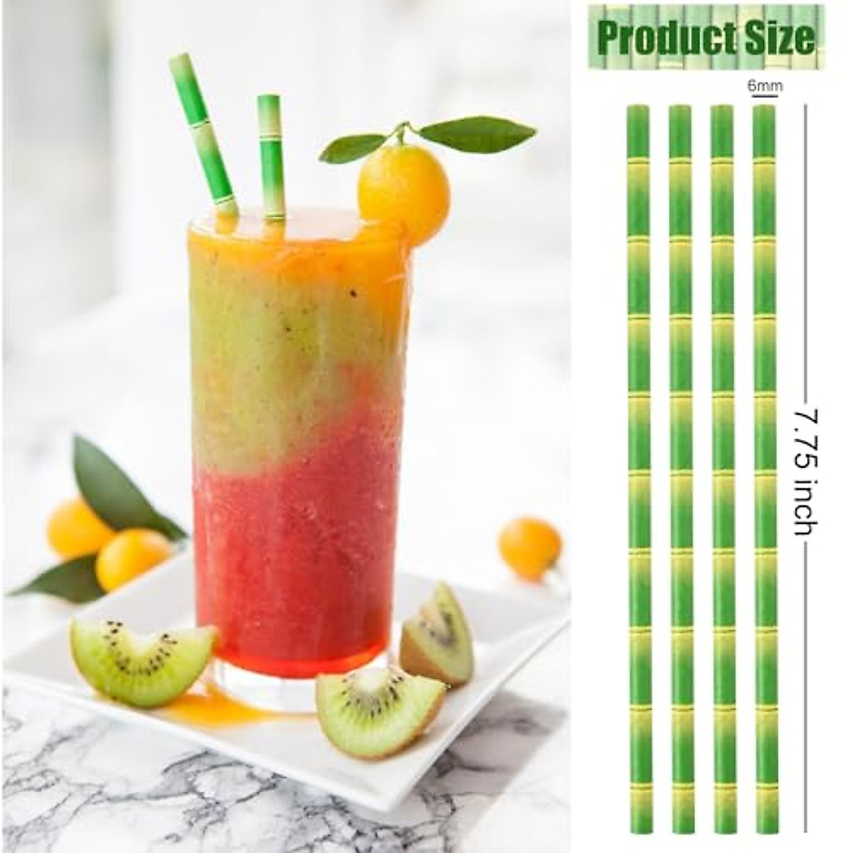 ALINK Bamboo Print Paper Straws, Biodegradable Disposable Party Drinking Straws for Juices, Shakes and Smoothies, Pack of 100