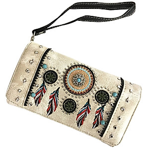 Zelris Tribal Native Dream Catcher Feather Concho Crossbody Fold Wallet (Beige)