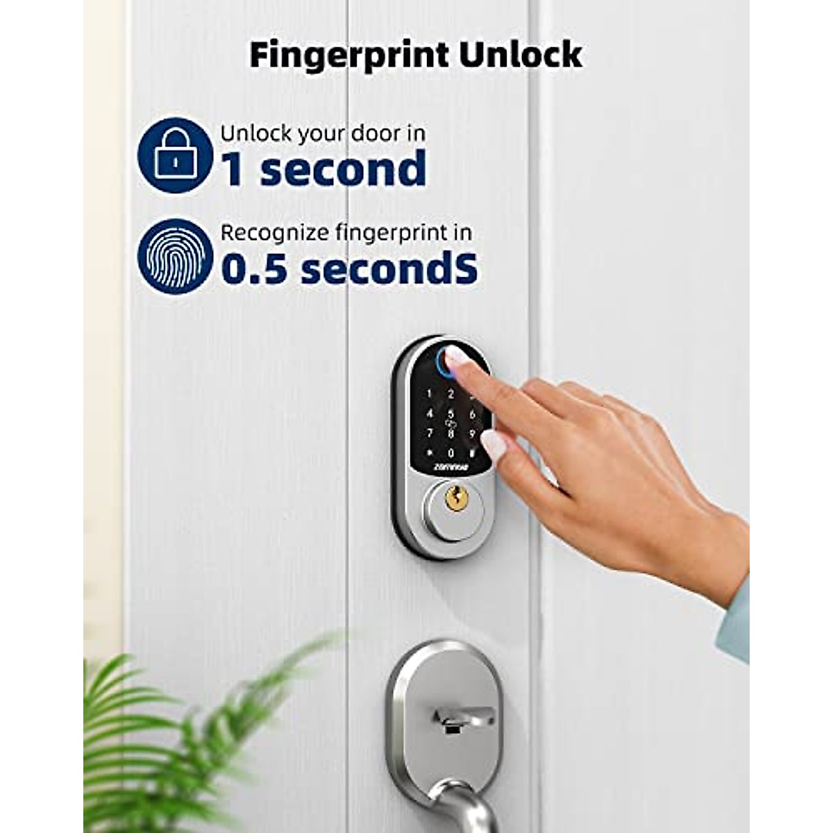 Keyless Entry Door Lock, Zomnua Fingerprint Smart Front Door Locks with Keypads, Smart Digital Biometric Electric Deadbolt Lock with Auto Lock, Fob, Code, Touchscreen,Silver