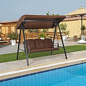 Tangkula 3-Seater Porch Swing, Outdoor Swing with Adjustable Tilt Canopy & Removable Soft Cushions, Powder-Coated Steel Frame Patio Swing for Garden, Poolside, Backyard (Coffee)