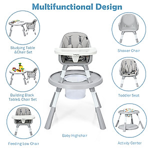 BABY JOY 7 in 1 Baby High Chair, Convertible Infant Feeding Chair w/Removable Tray, Adjustable Legs & Storage Basket, Toddler Building Block Table/Kids Table & Chair Set, Gray