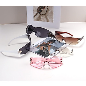 Dollger Trendy Y2K Sunglasses Women Men Rimless Wrap Around Sunglasses Fufuristic Y2K Star Fashion Visor 2000 Glasses Shield Black Shades