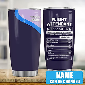 Wassmin Personalized Flight Attendant Gifts Flight Attendant Nutrition Facts Tumbler 20oz 30oz Stainless Steel Coffee Travel Mug Tumblers Cup Birthday Christmas Gifts For Women Men