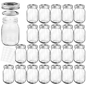 KAMOTA Mason Jars 12 oz With Regular Lids and Bands, Ideal for Jam, Honey, Wedding Favors, Shower Favors, DIY Spice Jars, 24 PACK, 30 Labels Included