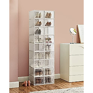SONGMICS Shoe Boxes, Set of 18 Shoe Storage Organizers, Stackable and Foldable for Sneakers, Fit up to US Size 13, Transparent and White ULSP18MWT
