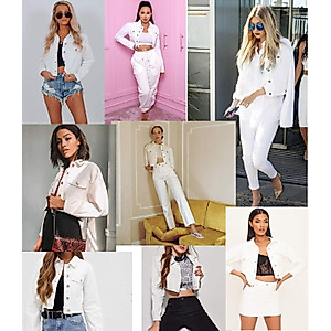 Grabsa Women's White Jean Jacket Crop Long Sleeve Button Down Denim Jackets
