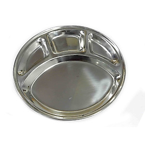 WhopperIndia Stainless Steel Round Dining Plate 4 Compartment Thali, stainless steel compartment plates , ss mess tray , Plates for Dinner Fruitss, Kitchen Dining Table Plate 4 Pcs 11.5 Inch