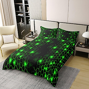 Feelyou Green and Black Duvet Cover 100% Cotton Queen Size Boys Girls Honeycomb Bedding Set for Kids Geometry Hexagon Comforter Cover Set Geometrical Bedspread Cover Room Decor Bedclothes Zipper